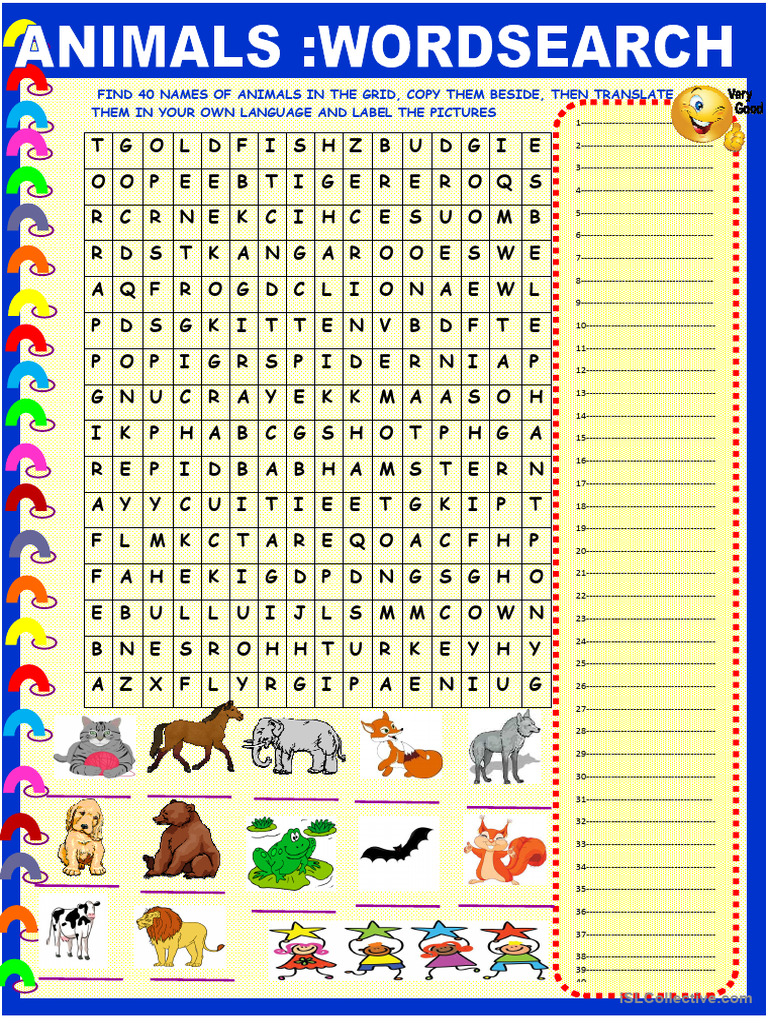 Animal Wordsearch With List Key Included | PDF | Animals And Humans ...