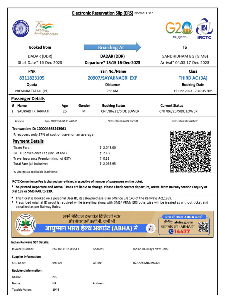 Mumbai To Gandhidham Train Bill | PDF | Identity Document