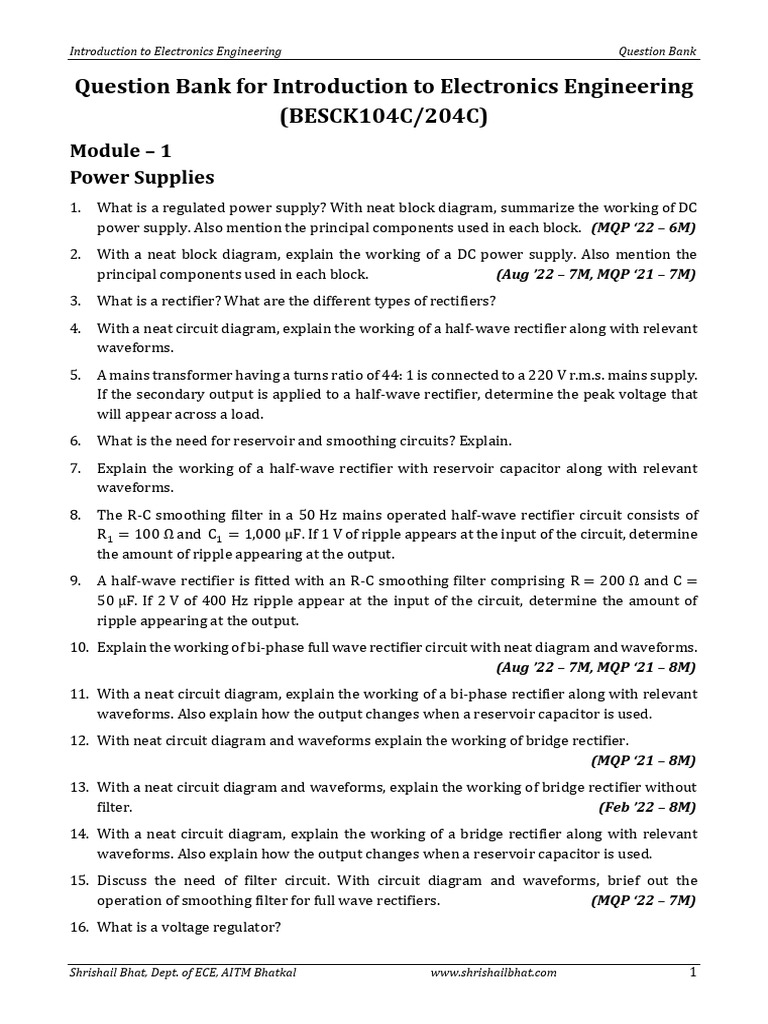 Electronics Engineering Question Bank | PDF | Rectifier | Operational Amplifier