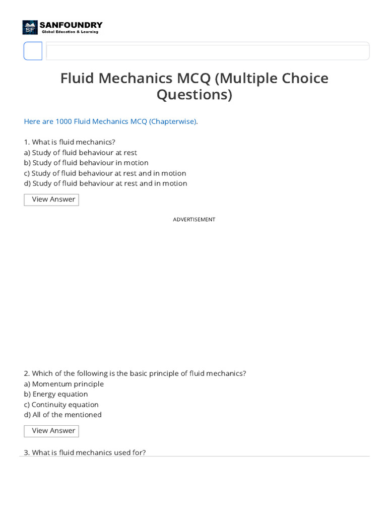 Fluid Mechanics MCQ (Multiple Choice Questions) - Sanfoundry | PDF | Fluid Dynamics | Fluid ...
