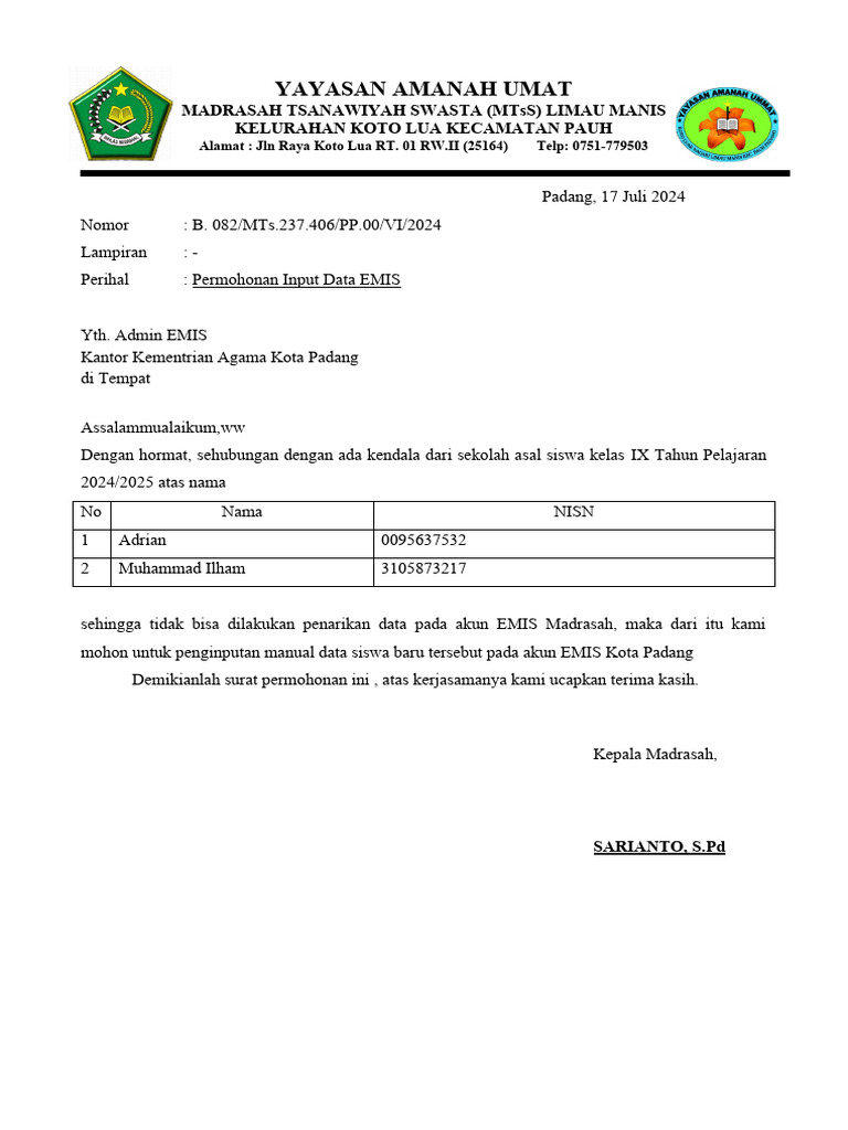 Surat Permohonan Input Data Siswa Emis Dari Kemenag | PDF
