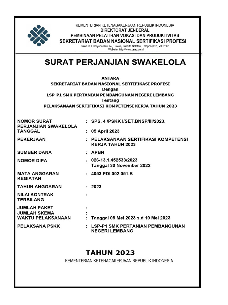 Perjanjian Swakelola Sertifikasi 2023 | PDF