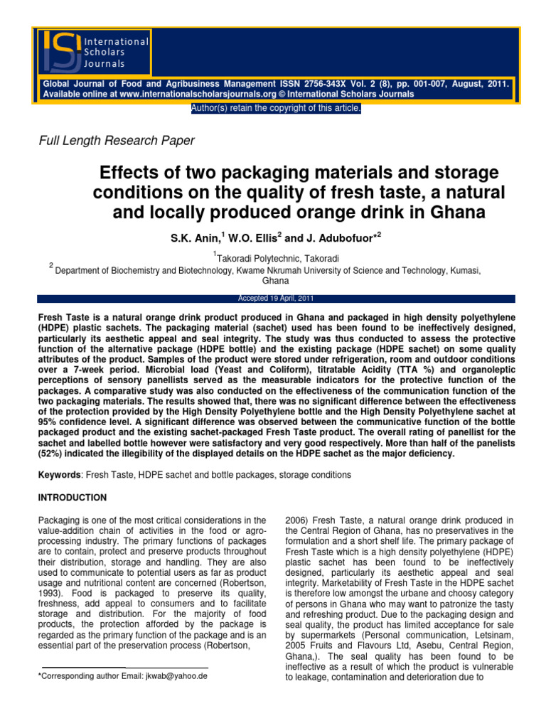Effects of Two Packaging Materials and Storage Conditions On The Quality of Fresh Taste A ...