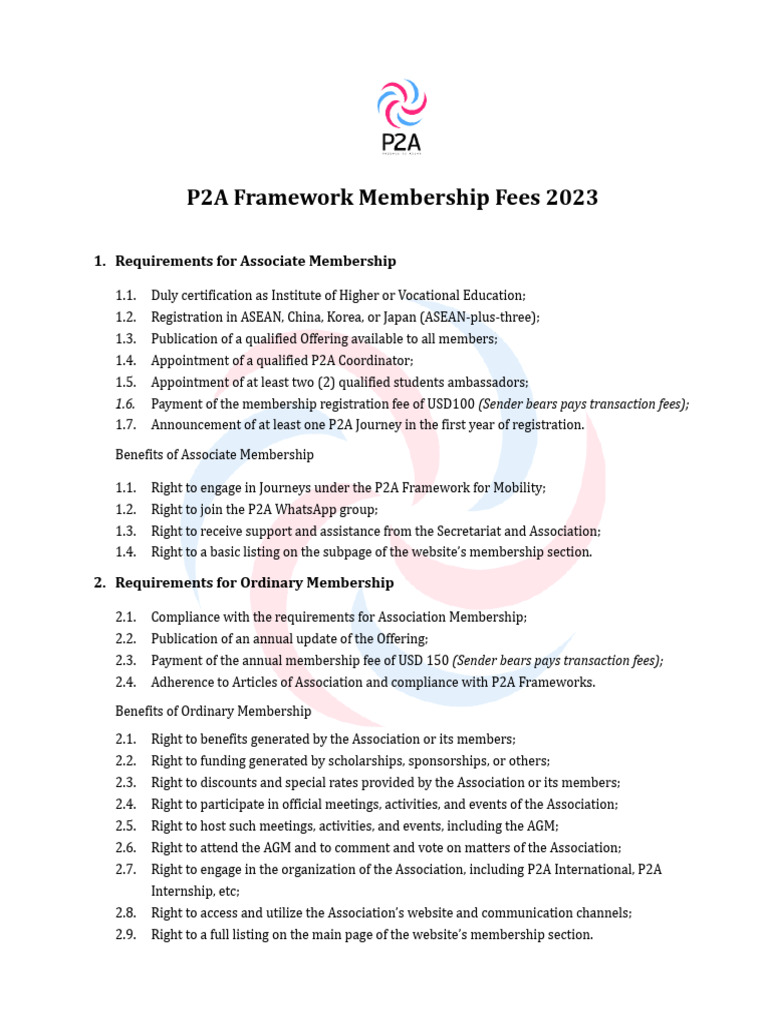 P2a Framework Membership Fees 2023docx | PDF | Fee | Payments