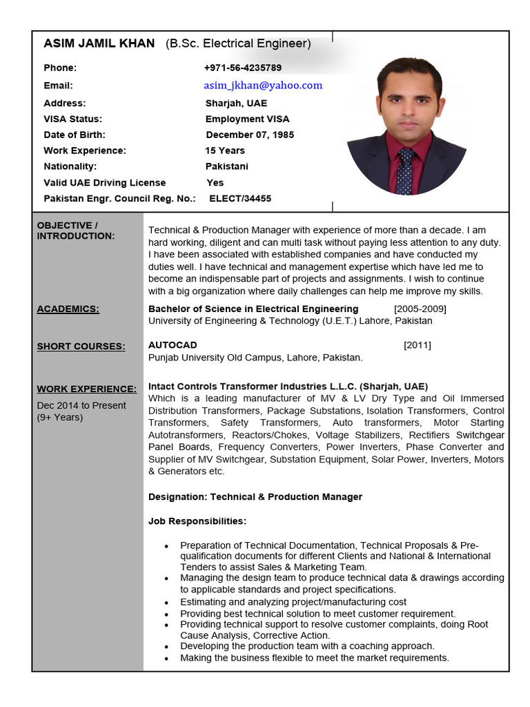 CV - Technical & Prod. Manager Electrical (Asim Jamil) | PDF | Electrical Substation | Transformer