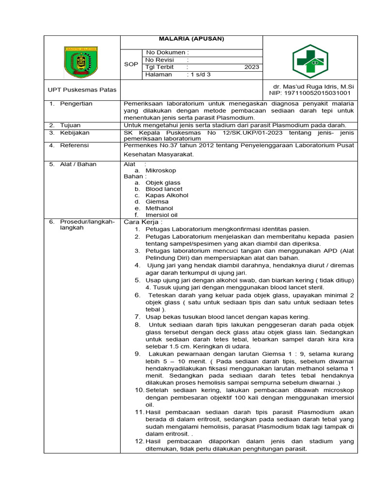 Sop Malaria Apusan | PDF