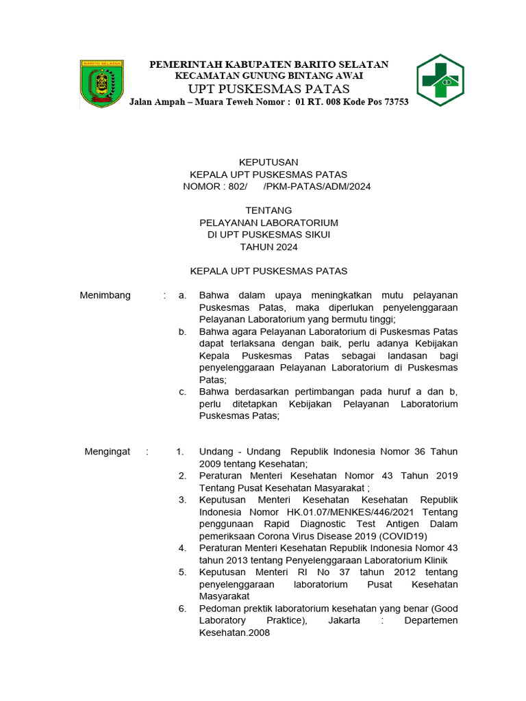 SK Pelayanan Laboratorium (Pajanan Petugas, Waktu Penyerahan Hasil, K3, Pengelolaan Reagen Dan ...