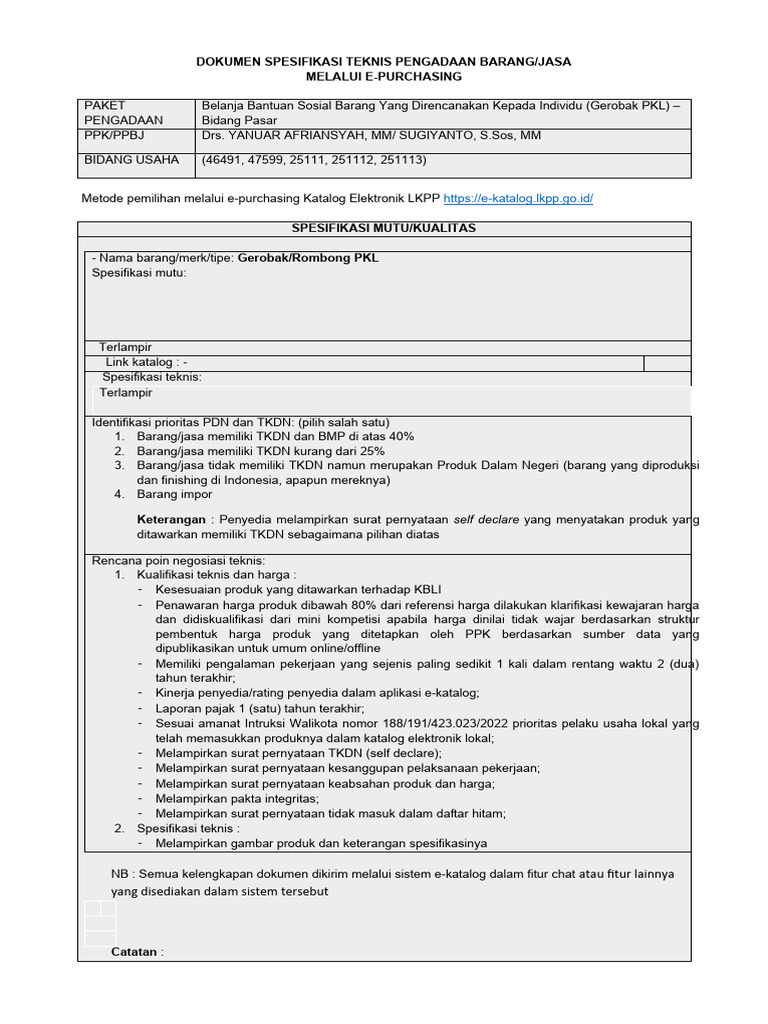 DOKUMEN SPESIFIKASI TEKNIS Pengadaan BANSOS Barang Berupa Gerobak PKL MELALUI E-PURCHASING | PDF