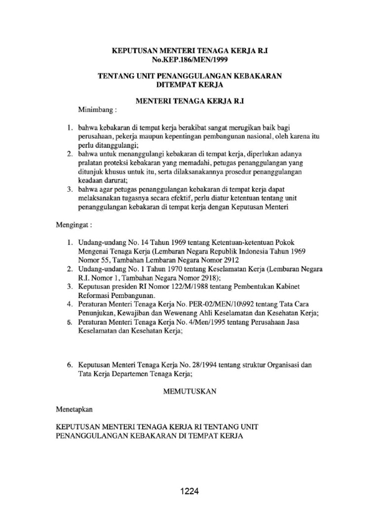 Kepmenaker No Kep-186-MEN-1999 Tentang Unit Penanggulangan Kebakaran Di Tempat Kerja | PDF