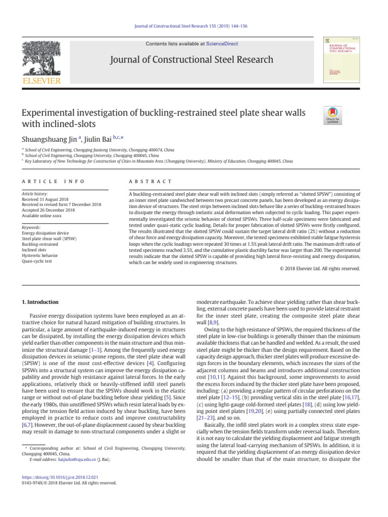 Experimental Investigation of Buckling-Restrained Steel Plate Shear ... Experimental Investigation of Buckling-Restrained Steel Plate Shear ...