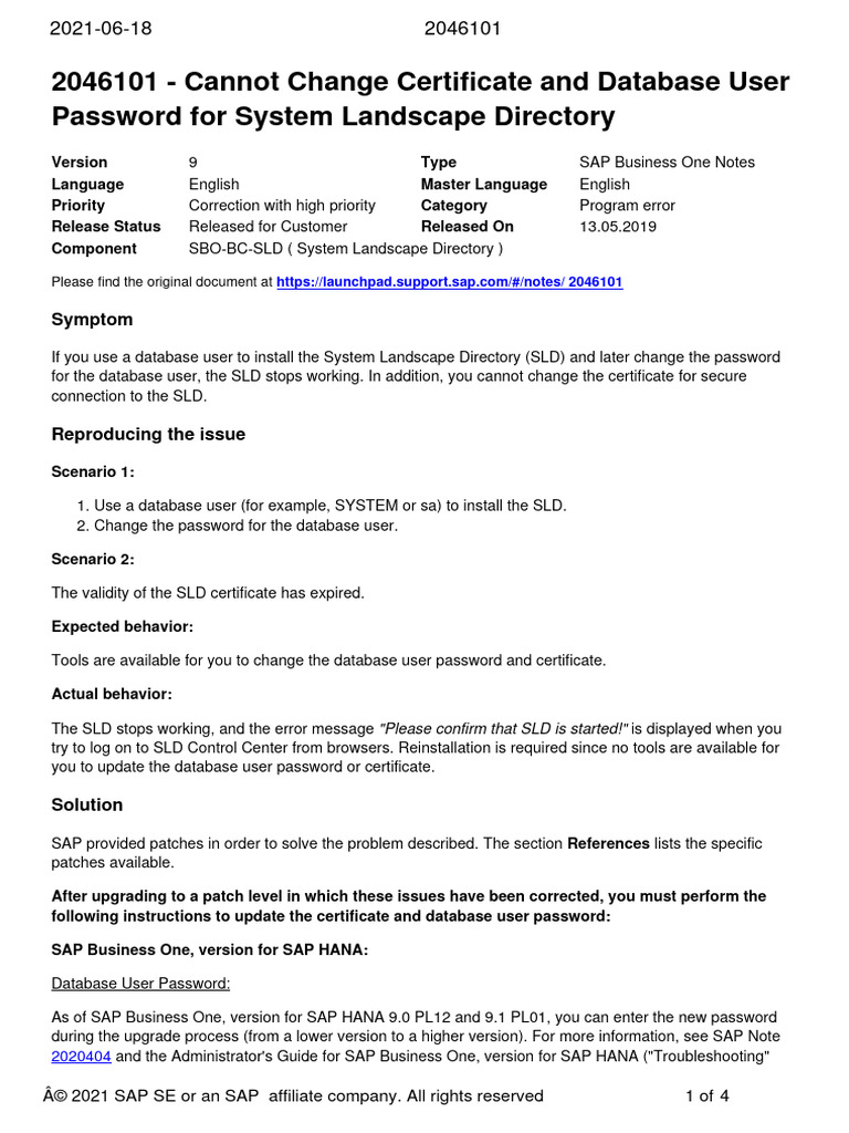 Cannot Change Certificate and Database User Password For System Landscape Directory | PDF ...