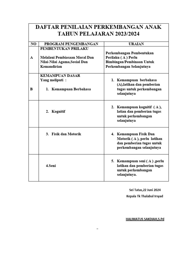 Daftar Penilaian Perkembangan Anak 2024 | PDF | Karier & Perkembangan