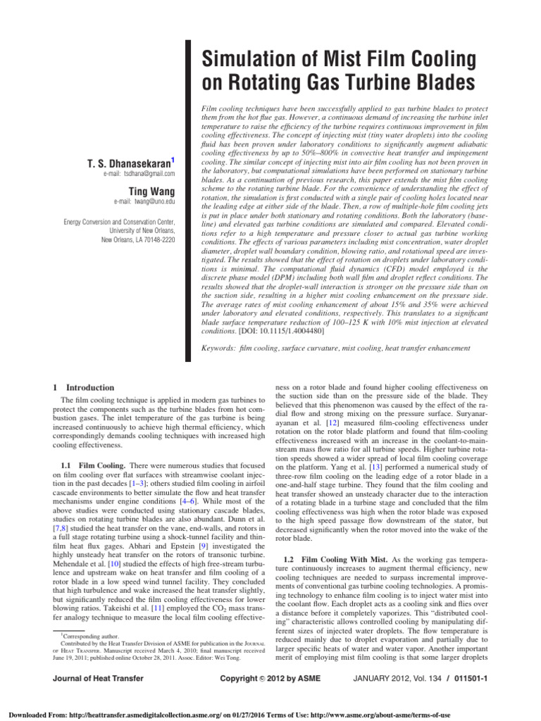 2012 - Simulation of Mist Film Cooling On Rotating Gas Turbine Blades | PDF | Turbine | Fluid ...