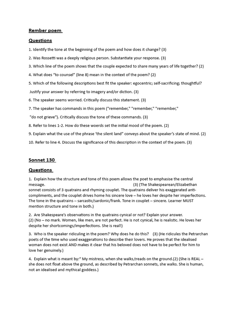 grade 12 term 1 poem questions | Download Free PDF | Poetry | Sonnets