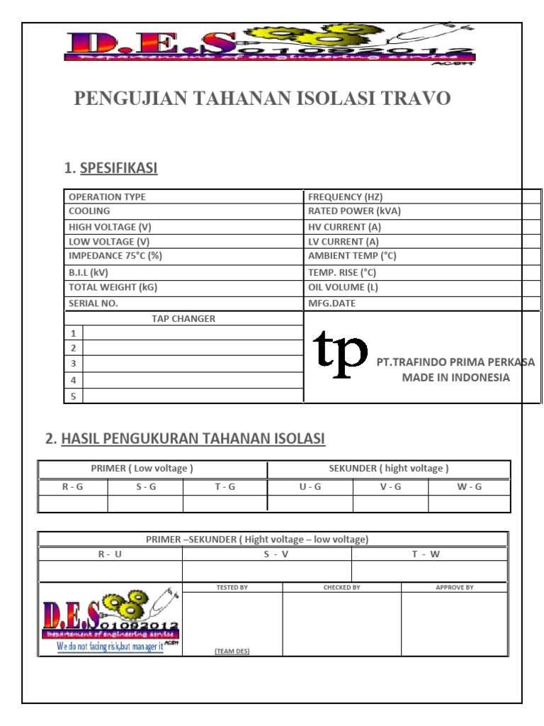 Form PENGUJIAN TAHANAN ISOLASI TRAVO | PDF Form PENGUJIAN TAHANAN ISOLASI TRAVO | PDF