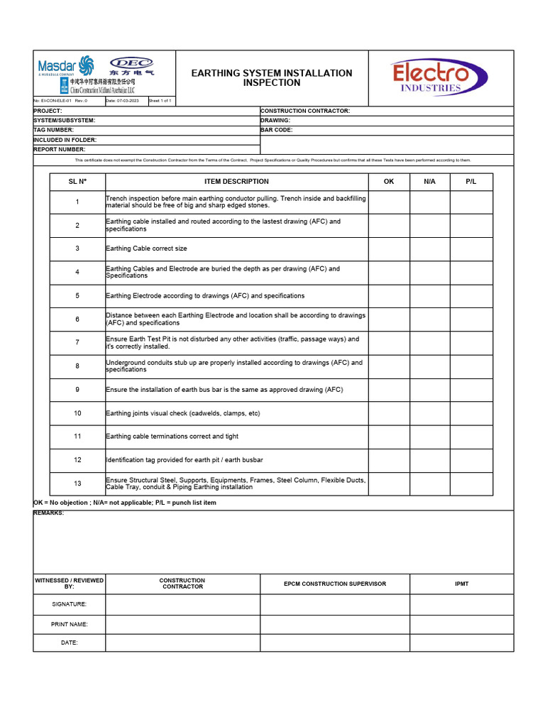 EI CON ELE 01 Earthing System Installation Inspection | PDF | Building ...