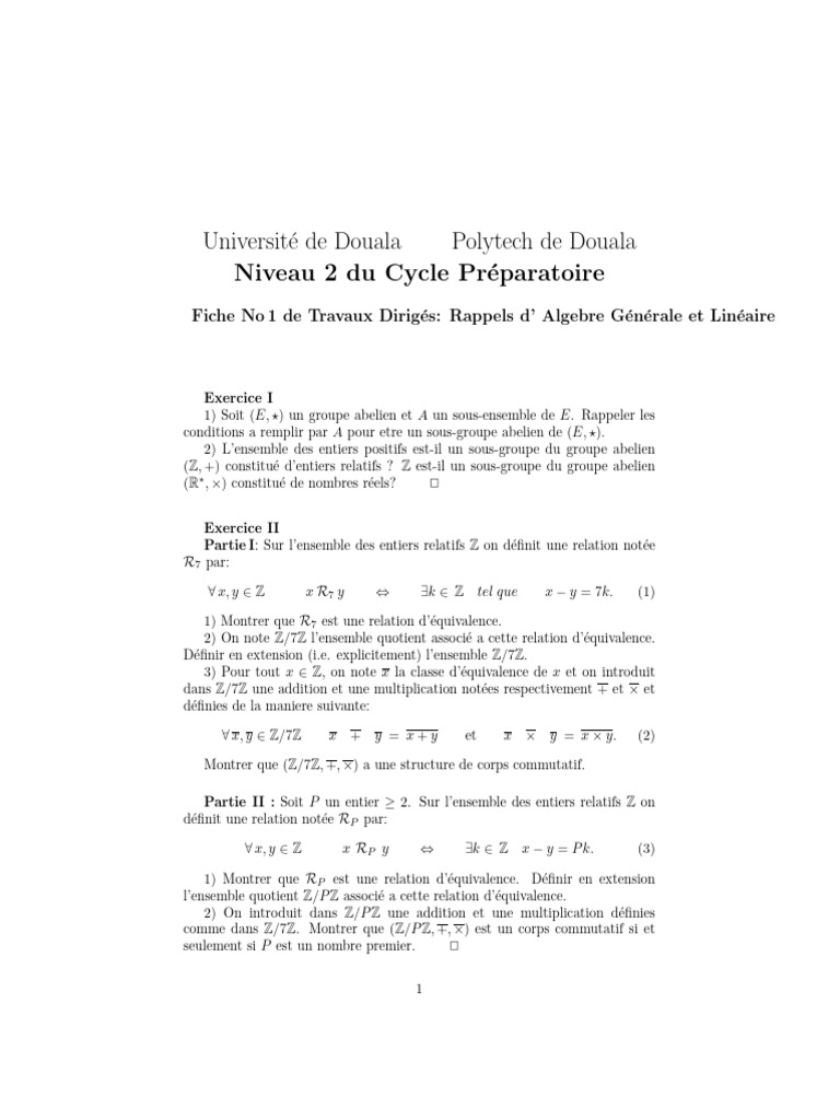 TD Algebre Multilineaire Fiche No 1 | PDF | Espace vectoriel | Anneau (mathématiques)