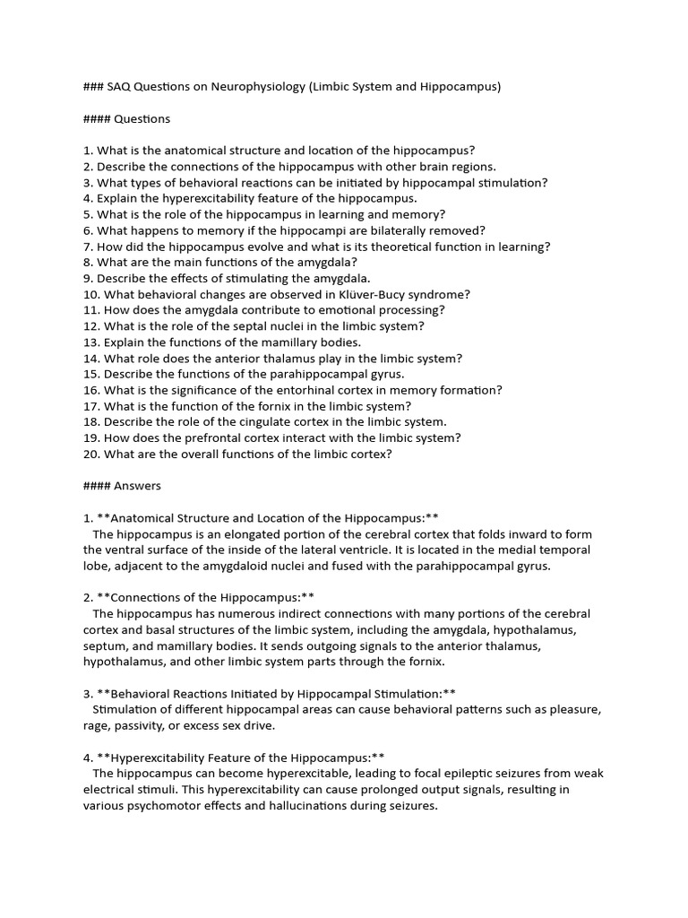 SAQ Questions On Neurophysiology | PDF | Limbic System | Hippocampus