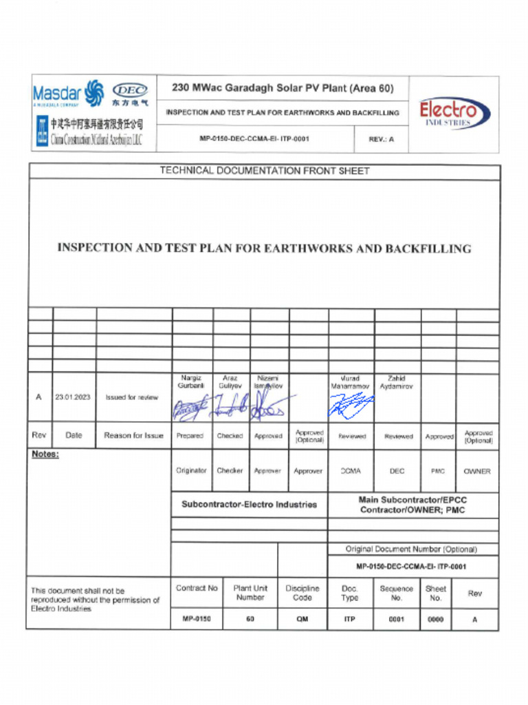 Inspection Test Plan For Earthworks and Backfilling | PDF