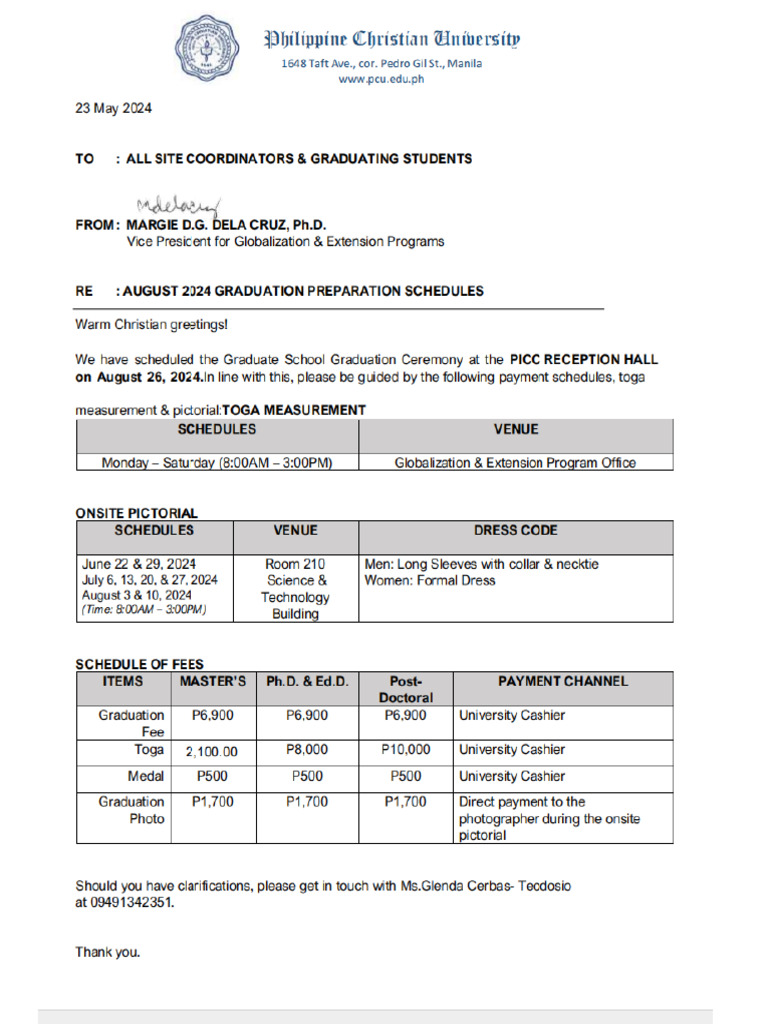 August 26 2024 Graduation Pictorial Schedules | PDF