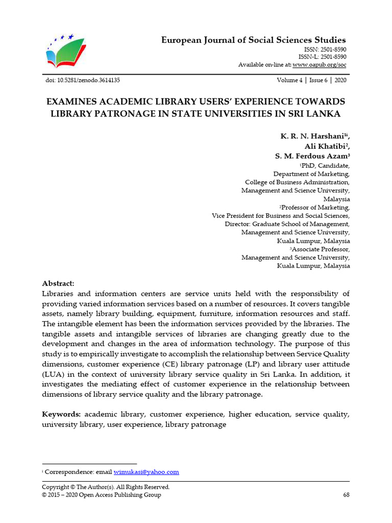 Examines Academic Library Users' Experience Towards Library Patronage ...