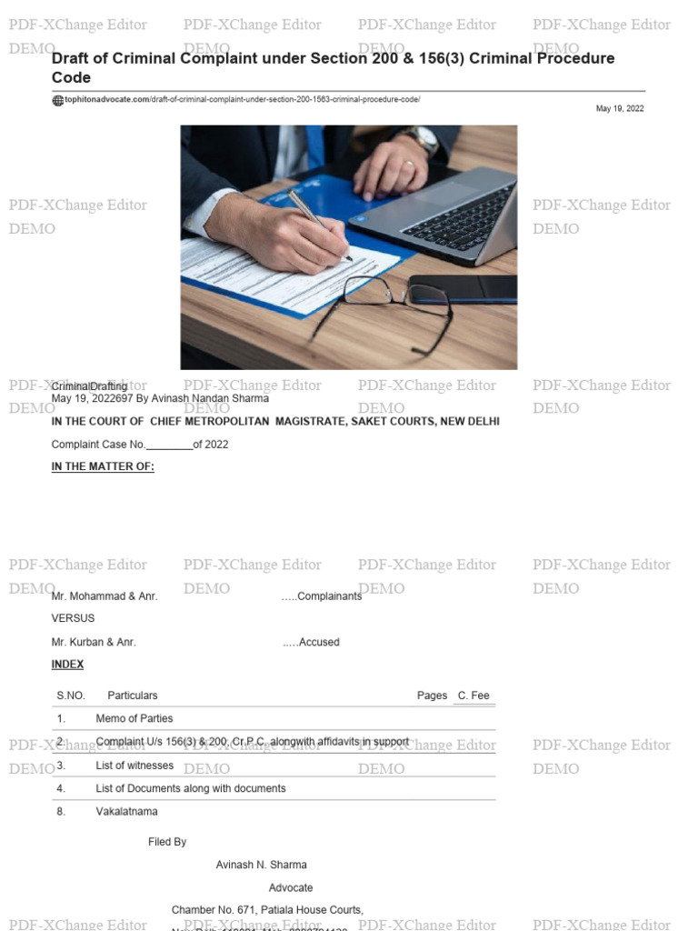 Draft of Criminal Complaint Under Section 200 & 156 (3) Criminal Procedure Code | PDF ...