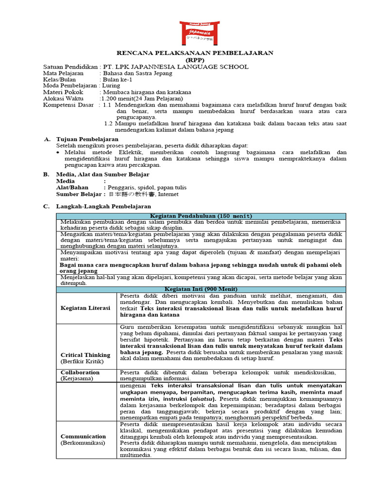 Rencana Pembelajaran Bahasa Jepang Kelas X | PDF | Sains & Matematika