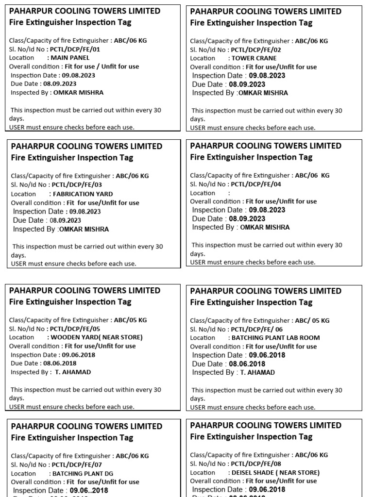 Fire Extinguisher Inspection Tag | PDF | Building Automation | Equipment