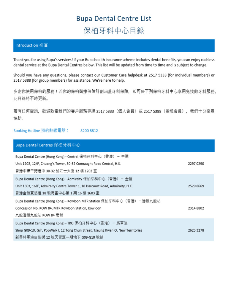 Bupa Dental Centre List | PDF