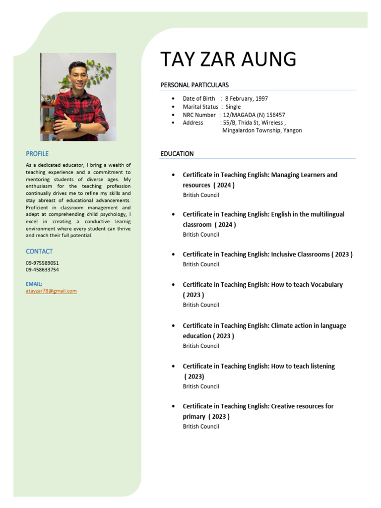 CV for Tay Zar Aung - pdf | PDF | Language Education | Teachers