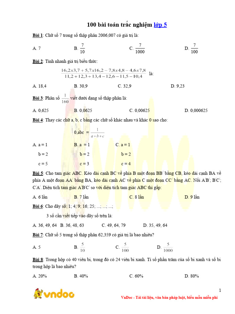 100-bai-toan-trac-nghiem-lop-5 | PDF