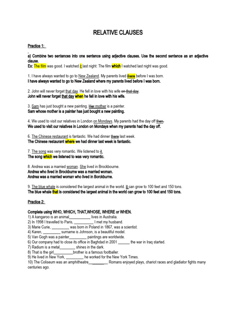 Relative Clauses Exercises (Student Copy) | PDF | Language Arts ...