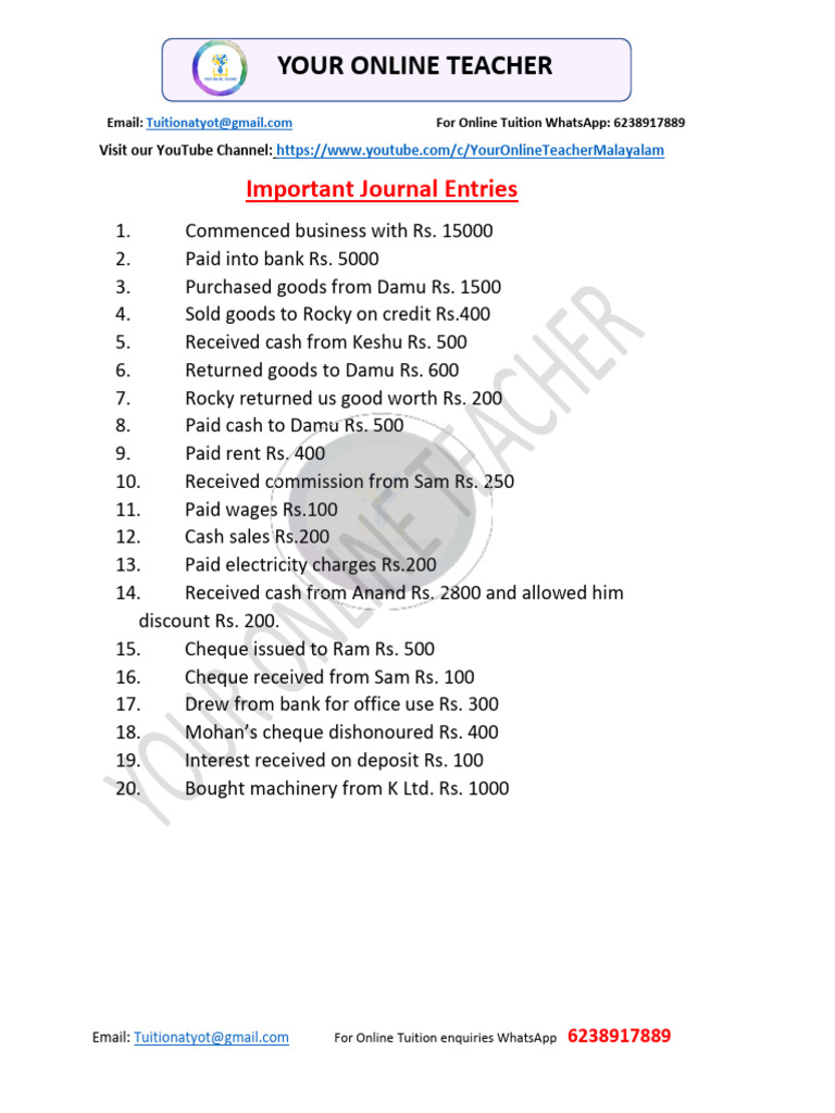 Important Journal Entries for Class 11 | PDF | Cheque | Banks
