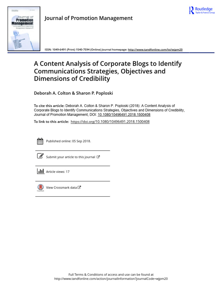 A Content Analysis of Corporate Blogs To Identify Communications Strategies, Objectives and ...