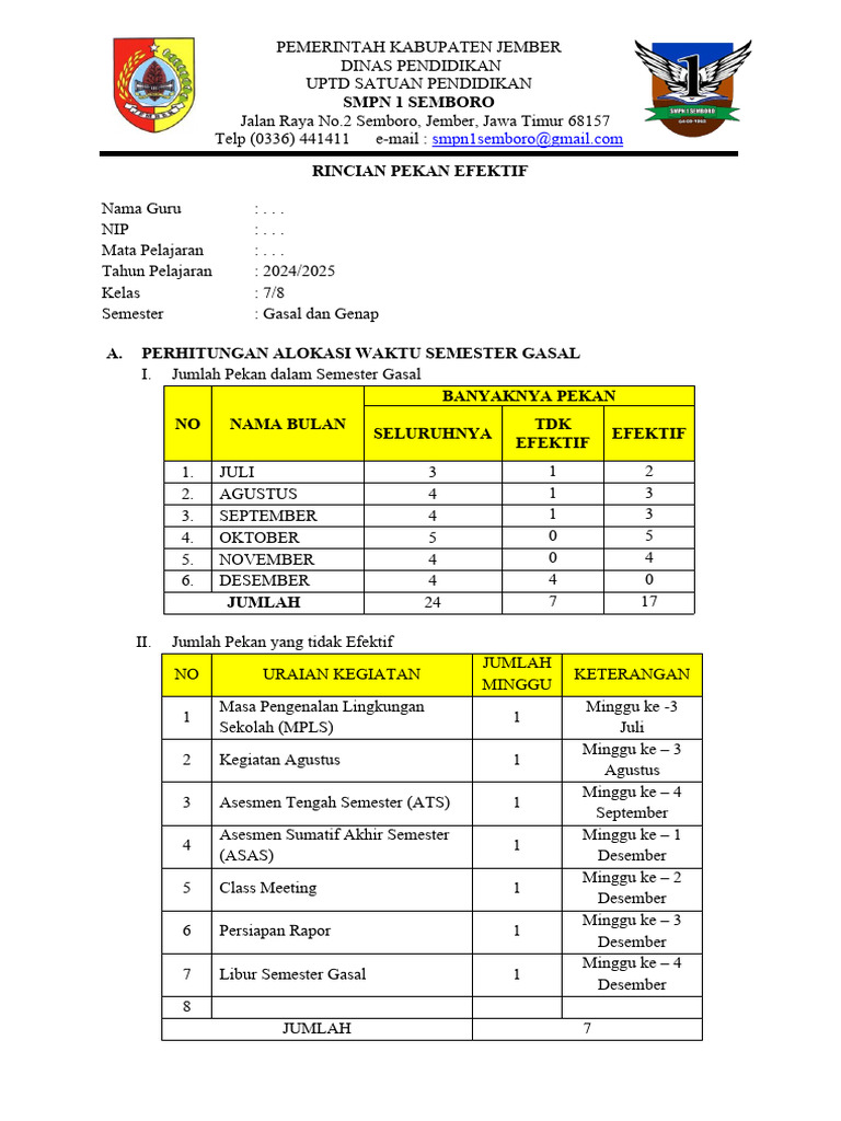 Rincian Pekan Efektif 2024/2025 | PDF