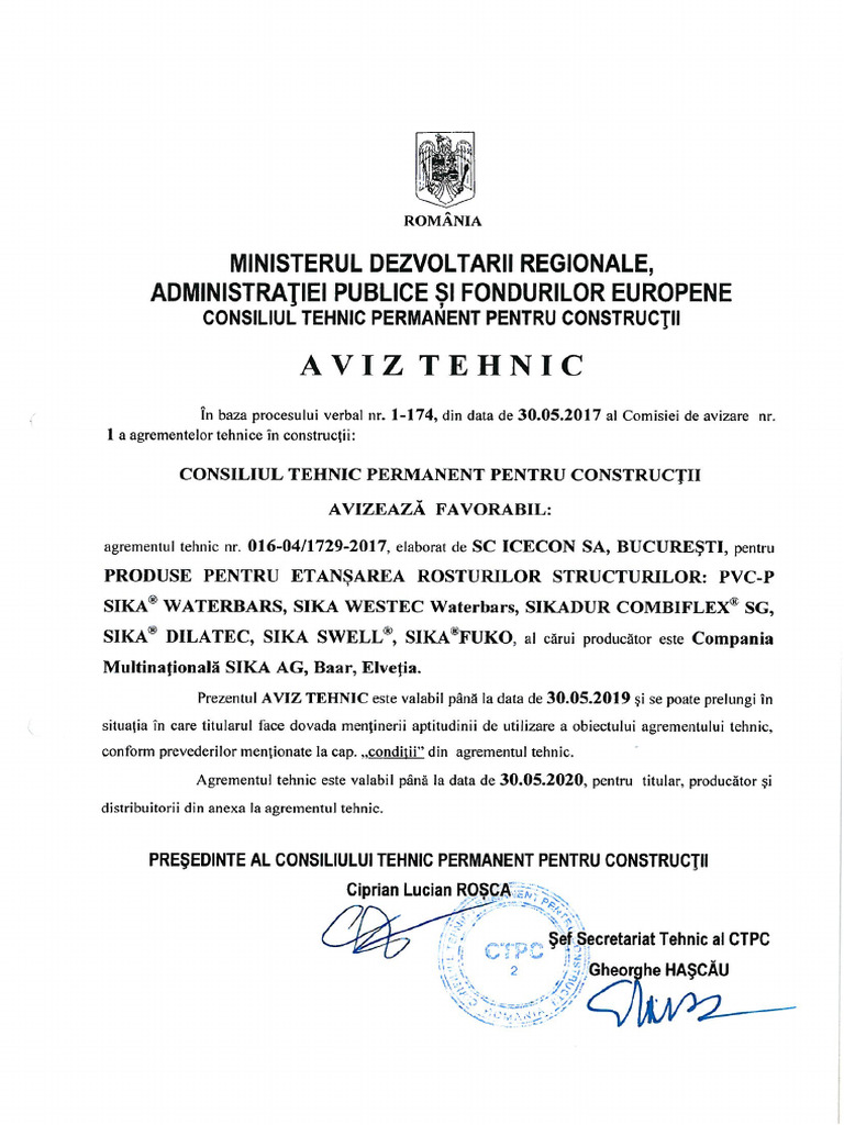 Aviz Tehnic Cu Agrement Sika 016-04-1729-2017 | PDF