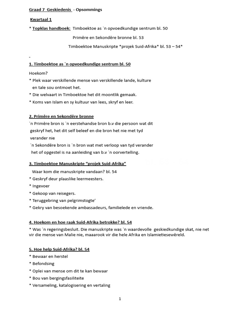 Geskiedenis Opsomming Kwartaal 2 2023 Gr7 | PDF