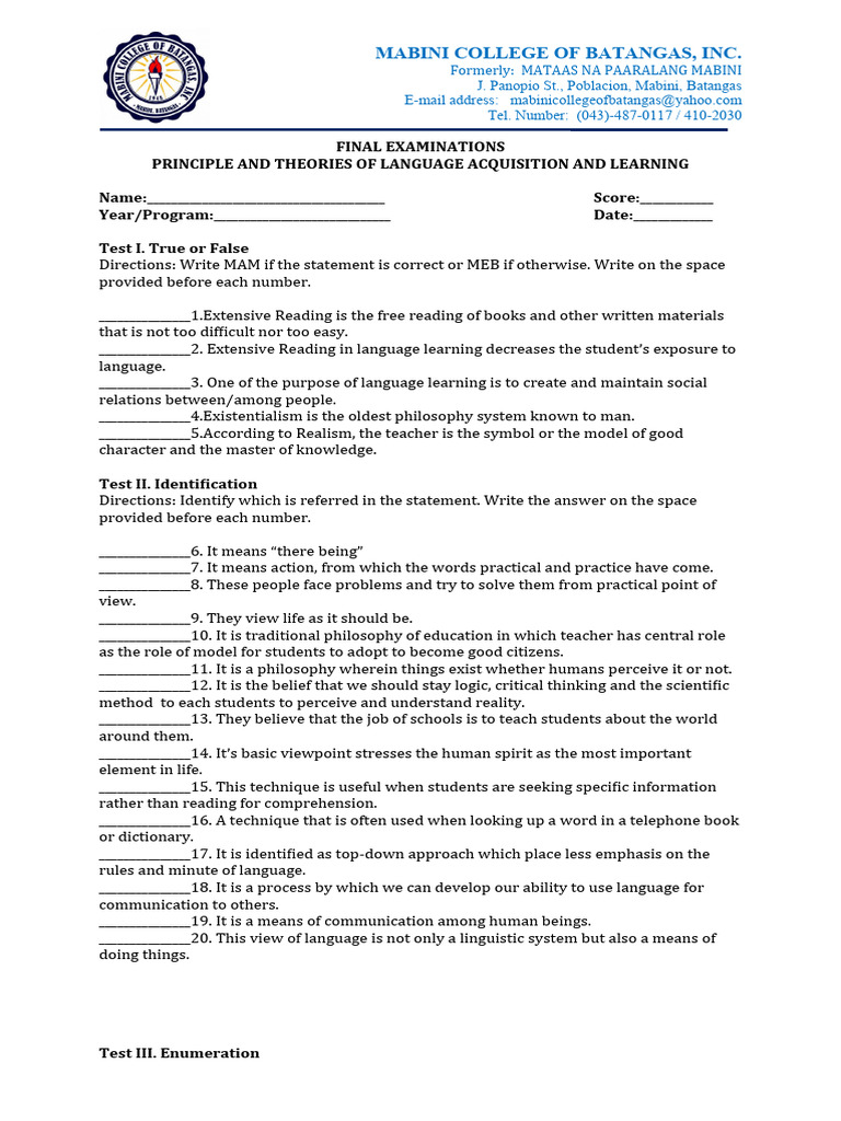 Language Acquisition Exam Guide | PDF | Theory | Language Acquisition