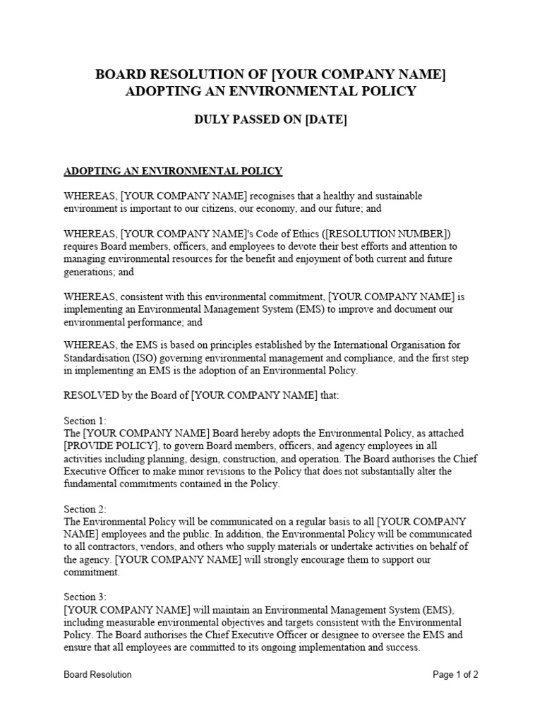 Board Resolution Adopting an Environmental Policy | Download Free PDF ...