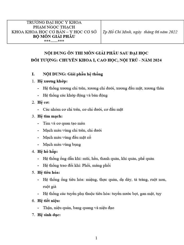 BM Giải Phẫu - On Thi SĐH 2024 (CK1, NT, THS) | PDF