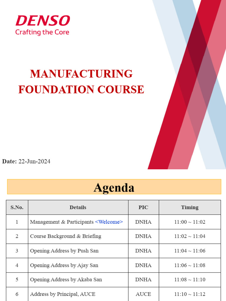 DENSO JEC Agenda Manufacturing Foundation Course | PDF