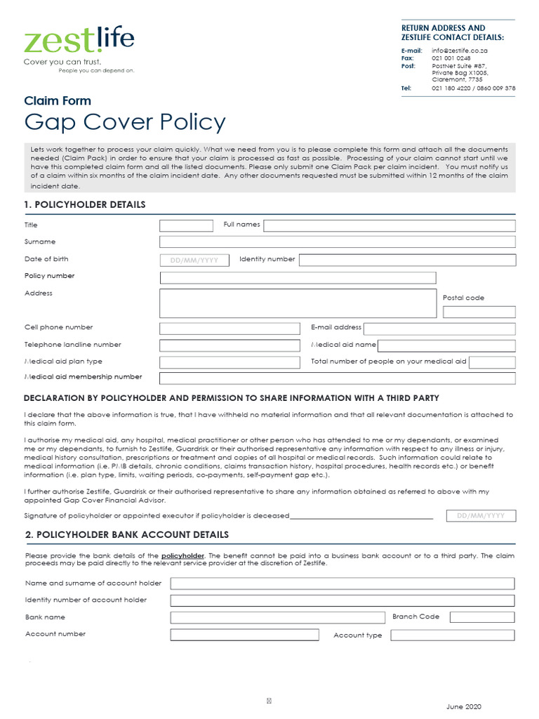 Zestlife Gap Cover Claim Form Editable 2020 | PDF