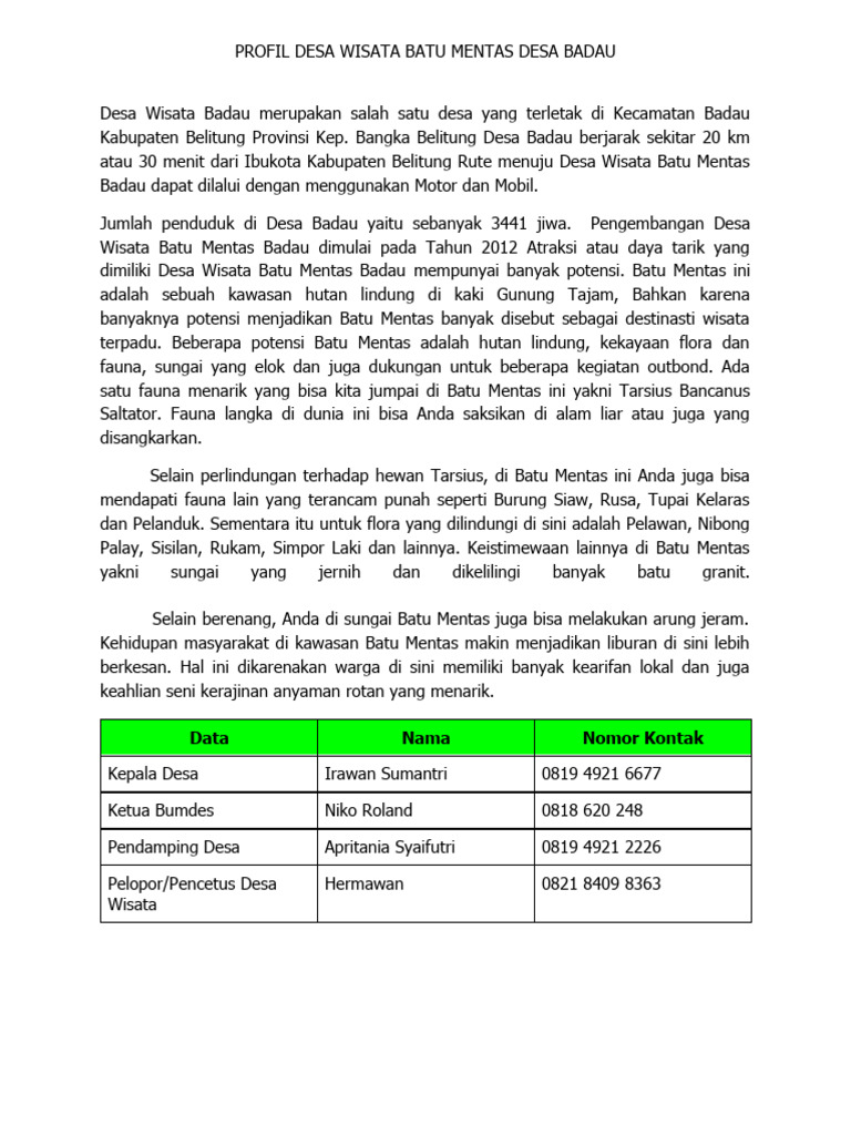 FORMAT PROFIL SINGKAT DESA WISATA | PDF