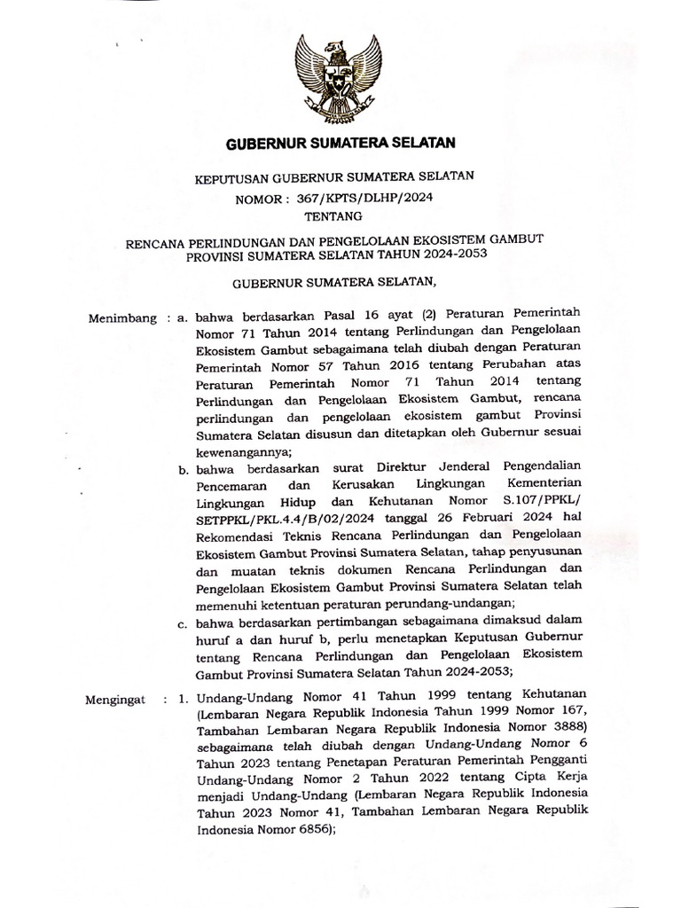 SK RPPEG Prov. Sumsel Tahun 2024-2053 | PDF