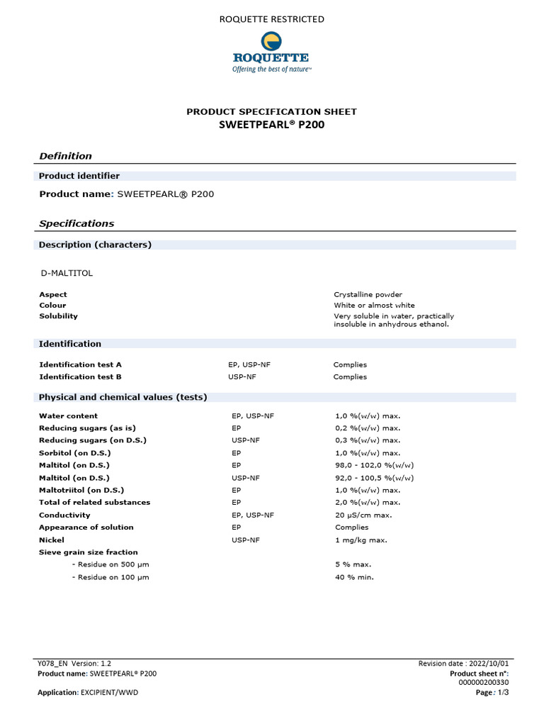 Maltitol Roquette - PSPE - Y078 - SWEETPEARL P200 - 000000200330 - EN ...
