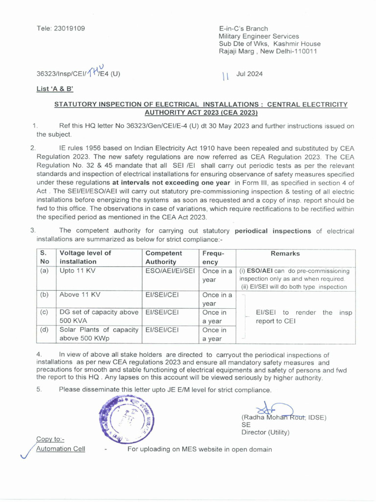 STATUTORY INSPECTION OF ELECTRICAL INSTALLATIONS dt 11 Jul 2024 | PDF