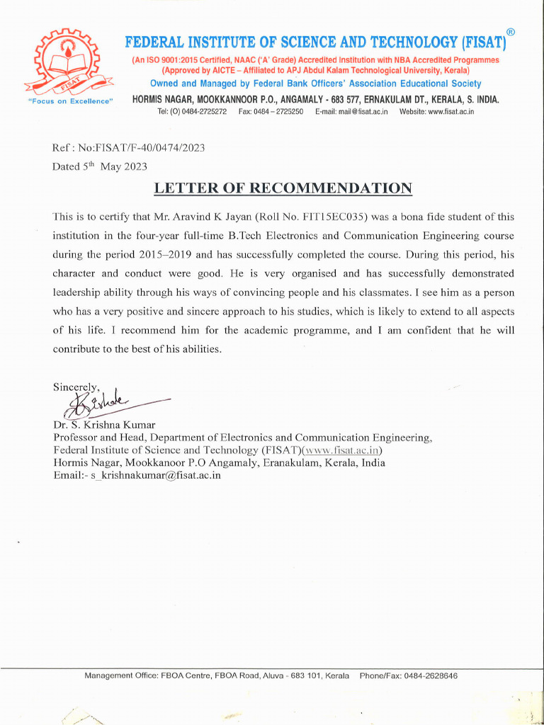 Letter of Recommendation From Head of Department | PDF