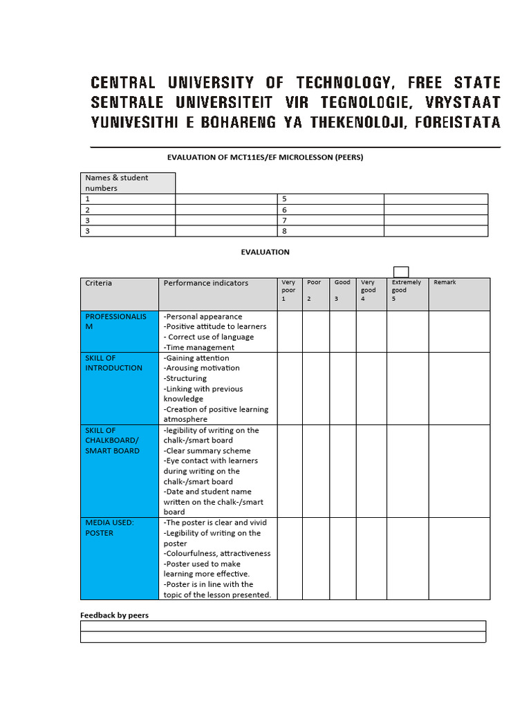 Peer Rubric for Micro Lesson Evaluation of Mct11esef | PDF