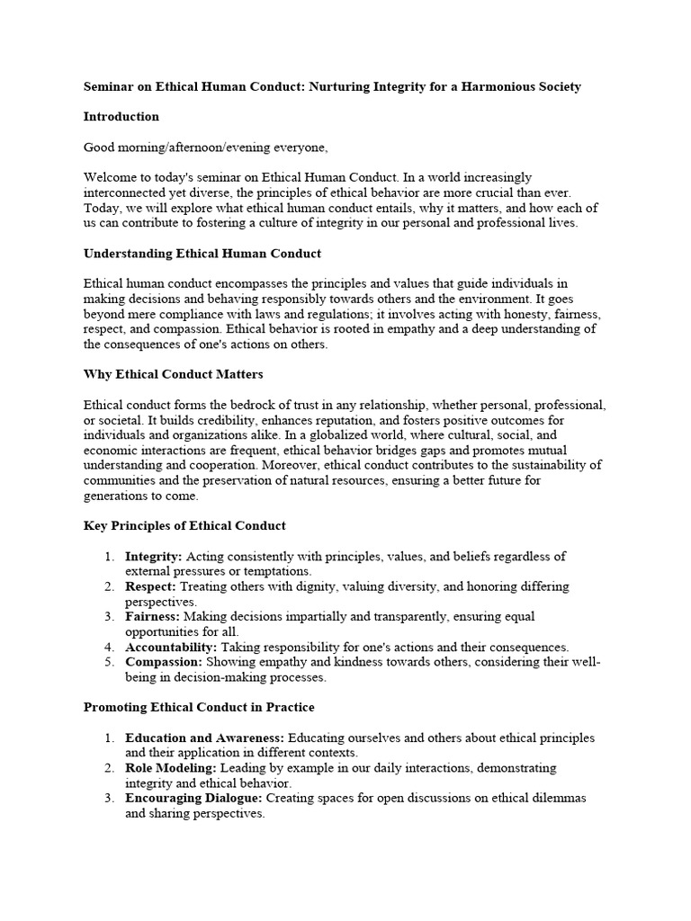 Seminar On Ethical Human Conduct | PDF | Sustainability | Integrity