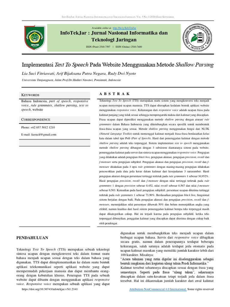 Implementasi Text To Speech Pada Website Menggunakan Metode Shallow Parsing | PDF